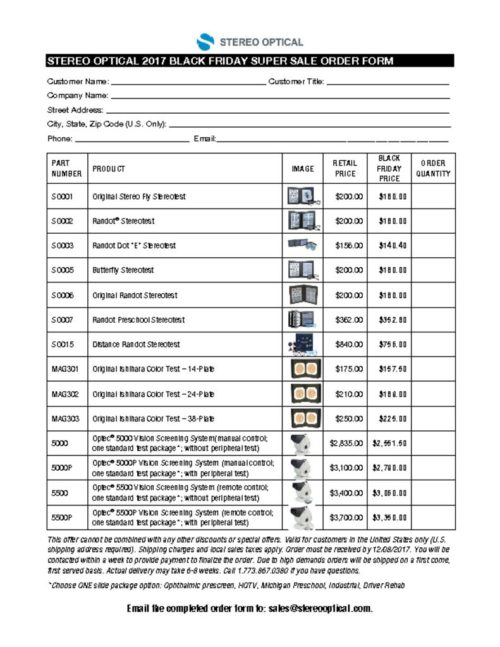 Stereo Optical Black Friday Sale Order Form - Essilor Instruments USA